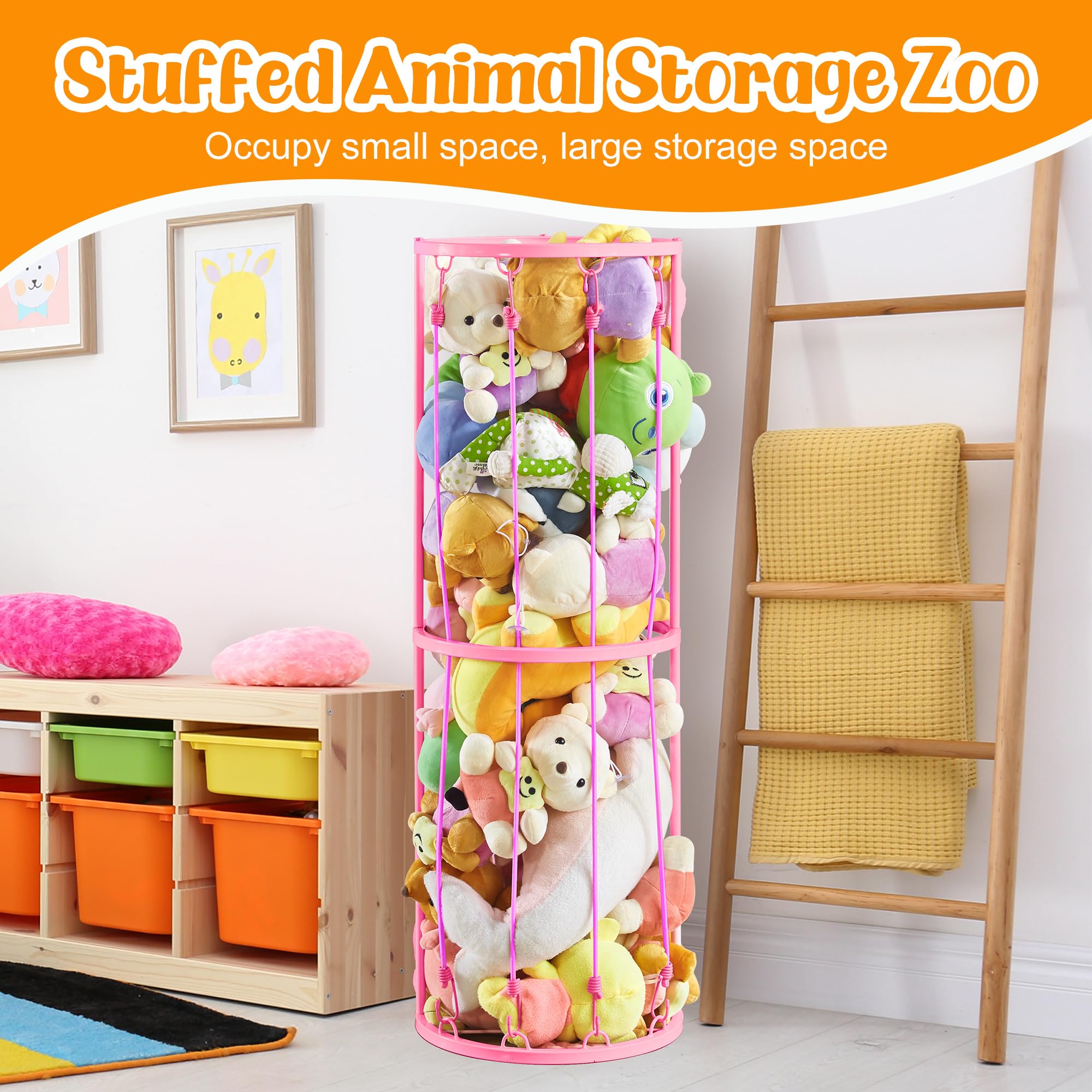 codree Stuffed Animal Zoo Storage- Plush Stuffed Animal Storage Holder with Metal Frame and Elastic Band- Space Save Plush Toy Storage Cage Organizer Standing for Bedroom Playroom Nursery Decor