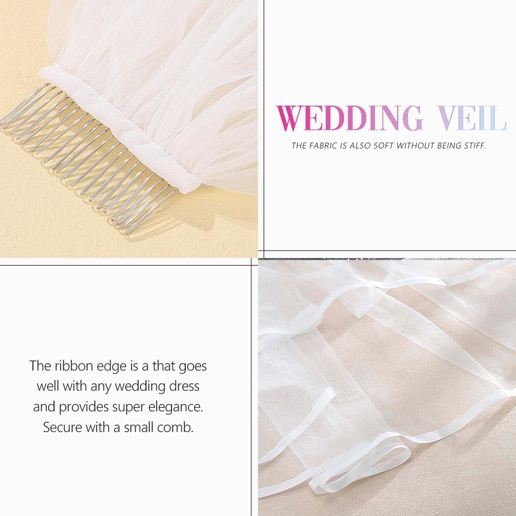 Unsutuo 2 Tiers Bride Wedding Veil Ivory Ribbon Cathedral Veil Bridal Veil for Women
