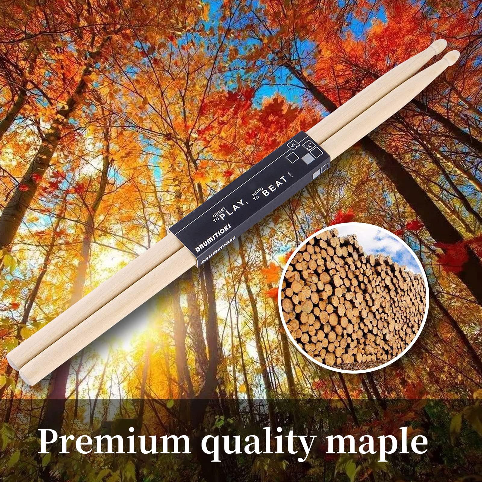 OIETON 2 Pairs Drum sticks 5A Classic Maple Wood Drumsticks Wood Tip Drumstick for Adults Kids and Beginners