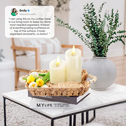 Decorative Tray Square Woven Storage Baskets with Wood Bead Handles Boho Coffee Table Decor Hand-Woven Wicker Serving Tray for Coffee/Fruit