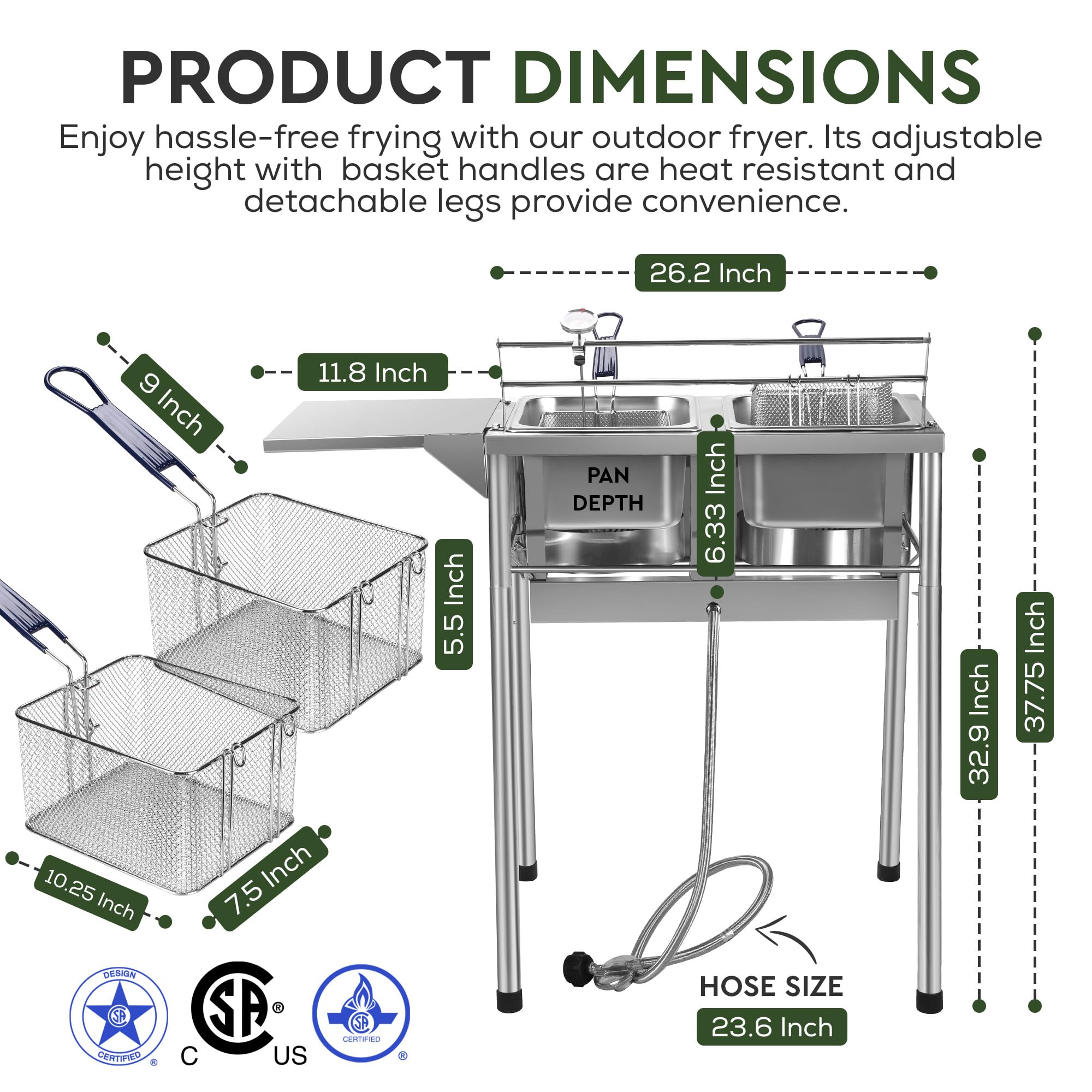 Bioexcel Two Tank Outdoor Deep Fryer with Thermometer Fish Fryer, CSA Certified Propane Deep Fryer with 2 Stainless Steel Baskets and Lids Gas Deep Fryer with Adjustable Temperature Regulator