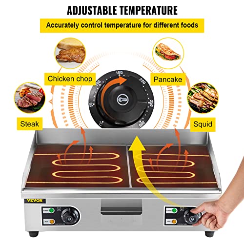 VEVOR Commercial Electric Griddle, 26" Teppanyaki Grill, 3200W Electric Flat Top Grill, Stainless Steel Electric Countertop Griddle w/Drip Hole, 50-300℃ Electric Griddle for Pancake, Chicken(No Plug)