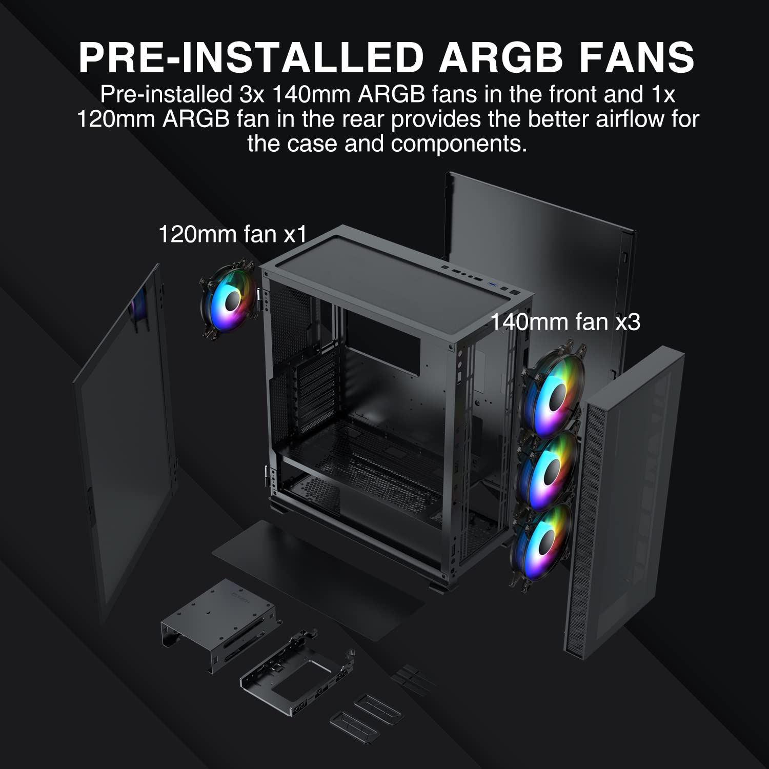 DARKROCK CASPIAN Mid-Tower E-ATX/ATX Gaming PC Case, Top 360mm Radiator Support, Pre-installed Front 3X 140mm & Rear 120mm ARGB Fans and Controller Hub, Tempered Glass Front & Side Panel