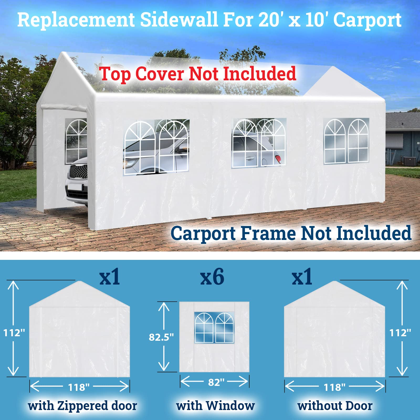 YardGrow 10'x20β Carport Sidewall only Tent Replacement Kit Enclosed Panels with 2 Sidewalls and 2 Doors, 1 Door with Zipper