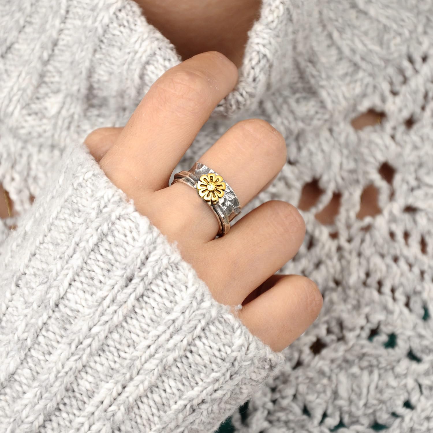 Boho-Magic Sunflower Ring, Spinner Rings for Women 925 Sterling Silver and Brass Sunflower | Nature Wide Band Fidget Meditation Anxiety jewelry