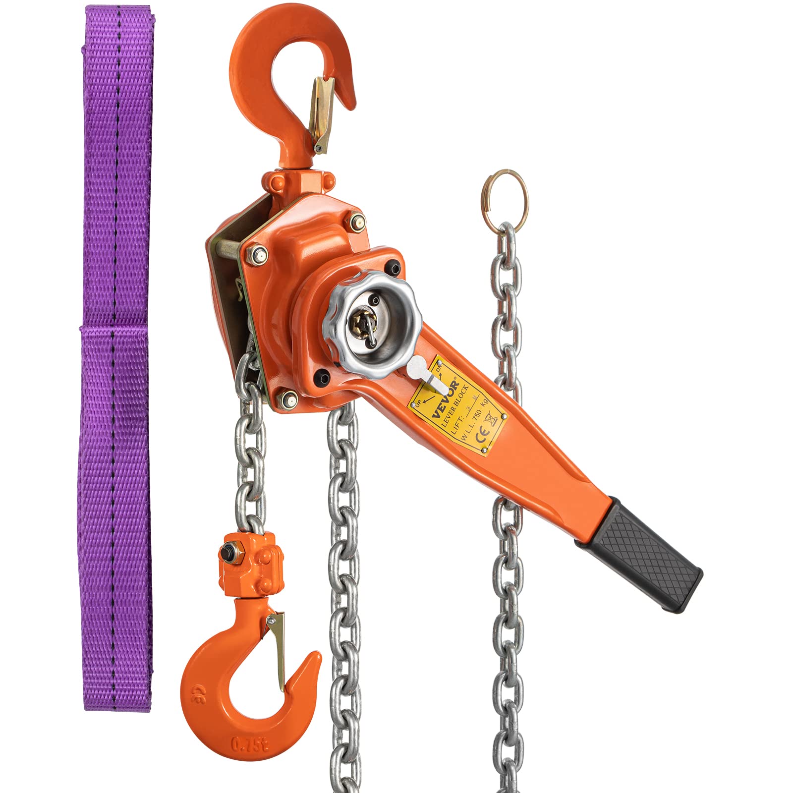 VEVOR Lever Chain Hoist, 0.75Ton 1650lbs Capacity Ratchet Puller with 10FT Max. Lifting Height, Come Along 2 Heavy Duty Steel Hooks, Manual Handling Tool for Cargo Moving in Construction, Warehouse , Orange