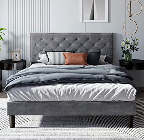 HOMBCK Upholstered Bed Frame Full with Velvet Button Tufted & Nailhead Trim Headboard, Full Bed Frame No Box Spring Needed, Wooden Slats Support, Mattress Foundation, Easy Assembly, Grey