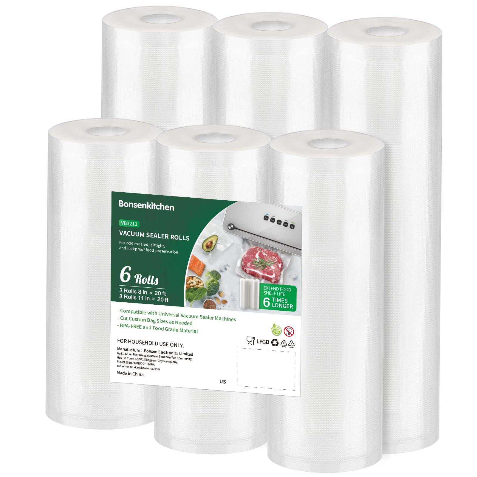 Bonsenkitchen Vacuum Sealer Machine with 6 Pack 11" x 20' 3 Rolls +8" x 20' 3 Rolls Bags