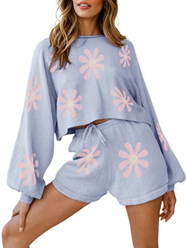Ekouaer Lounge Sets for Women Pajama Sets for Women Soft Long Puff Sleeve Two Piece Knit Outfits Sweat Sets Floral Blue Large