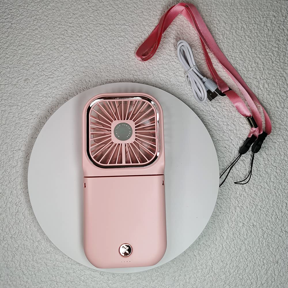 SHENSINGLE Handheld Fan Foldable Hanging Neck Fan 3 in 1 Small Fan with Phone Stand Power Bank Function 3 Speeds USB Charging Cooling Fan 3000mAh Battery Capacity for Home Office Travel (pink)