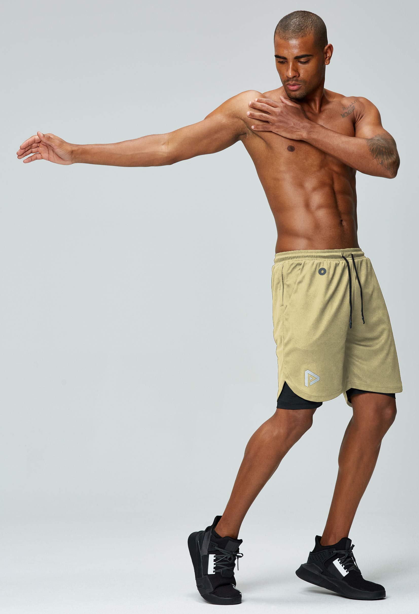 Pinkbomb Men's 2 in 1 Running Shorts Gym Workout Quick Dry Mens Shorts with Phone Pocket (Khaki, Medium