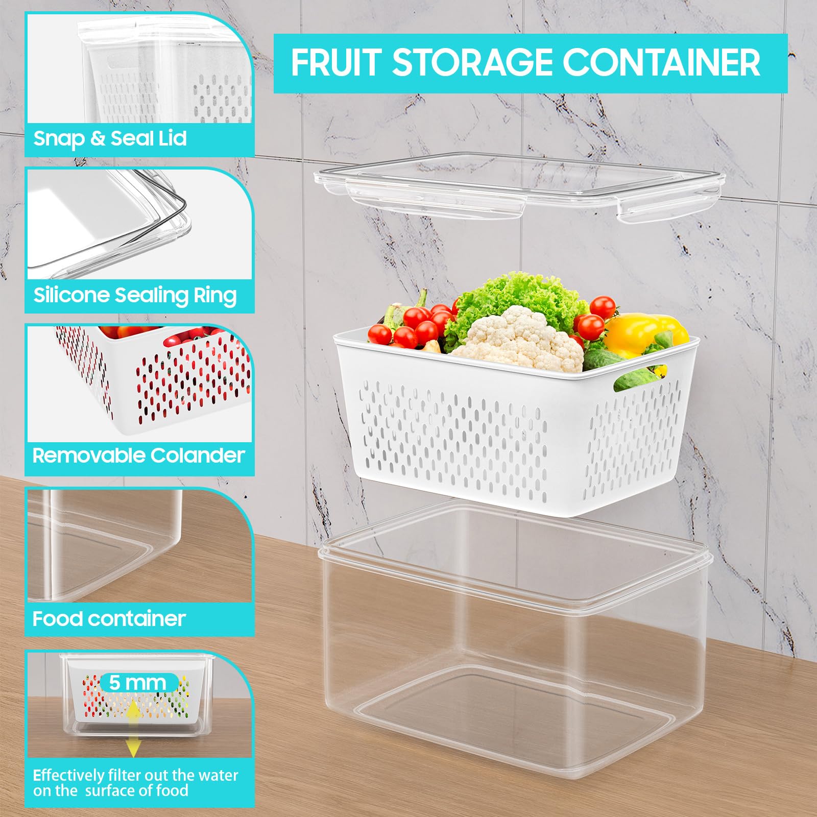 Cthglong 5 PCS Fruit Containers for Fridge, Food Storage Containers with Removable Colander, Dishwasher & Microwave Safe Produce Container, Fridge Organizers Keep Fruit, Berry, Vegetable, Fresh Longer