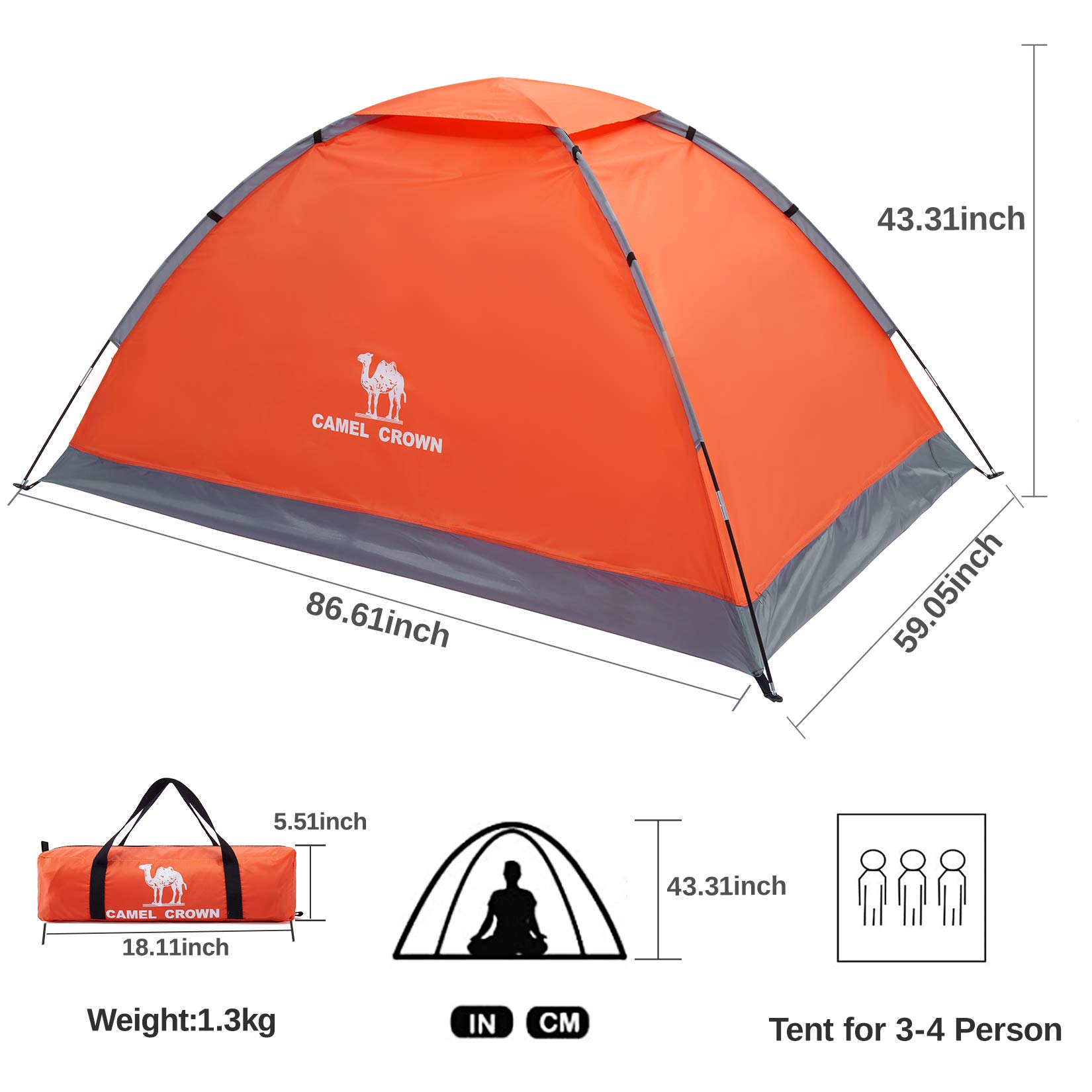 CAMEL CROWN 2 Person Camping Dome Tent, Waterproof, Lightweight Portable Backpacking Tent for Outdoor Camping/Hiking