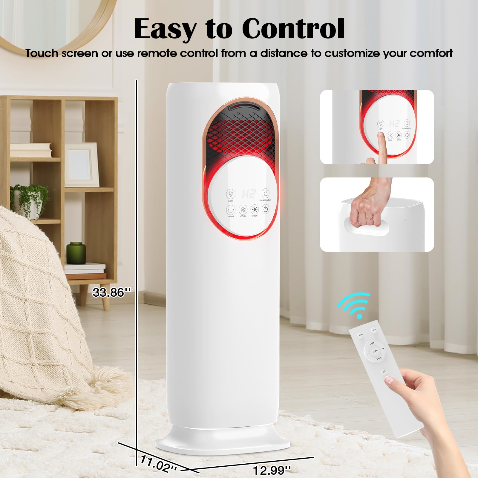 Cobuy Tower Fan and Heater Combo with Humidification, 4 in 1 Space Heaters for Indoor Use, 120°Oscillating, 1800W, 2 Speed Heating, 3 Speed Cooling, Remote Control, 9H Timer for Bedroom Room Office