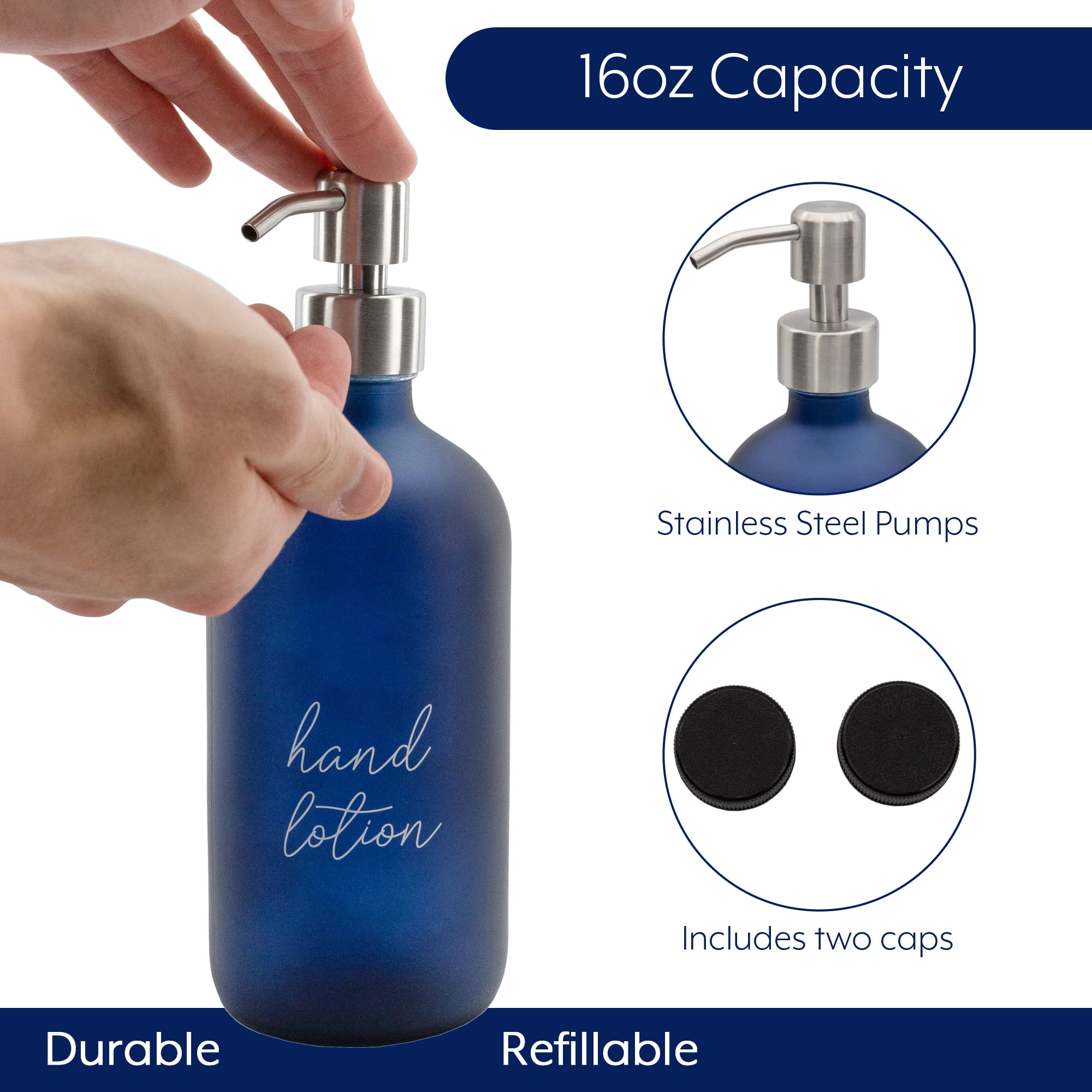 Darware Black Lotion/Sanitizer Pump Bottles (Set of 2, Black); Glass Pump Dispenser Bottles for Hand Care, Pre-Labeled