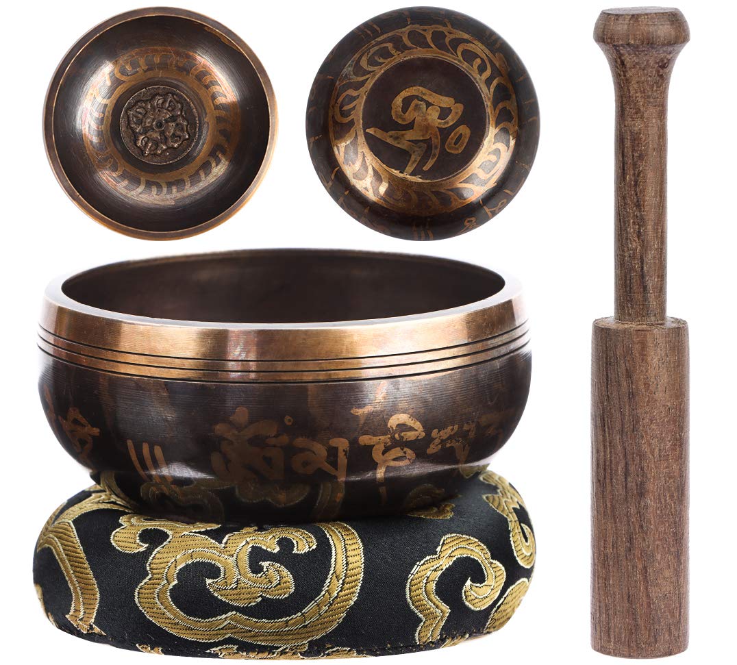 Omigga 3 Pcs 4 inch Tibetan Singing Bowl Set Nepal Antique Bronze Mantra Carving Hand Hammered Handcrafted Singing Bowl for Healing, Peace, Meditation, Stress Relief
