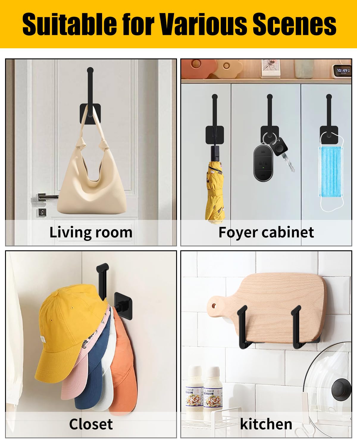 DAGKHE 4 Pack Hat Rack for Wall, Adhesive Hat Organizer for Baseball Caps, Adhesive Hat Hooks Holder Hanger for Closet Door Storage