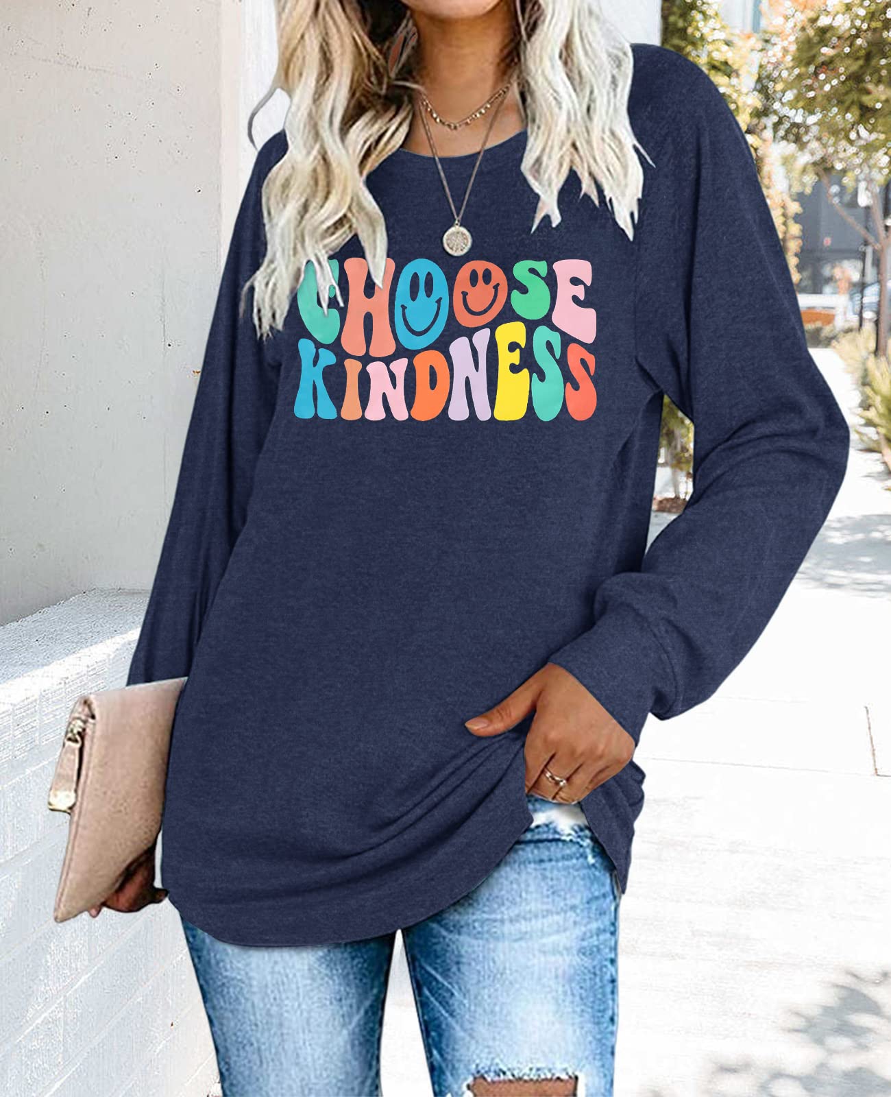 Choose Kindness Shirts Women Inspirational Graphic Tees Funny Casual Be Kind Long Sleeve Tops (Blue, XL)