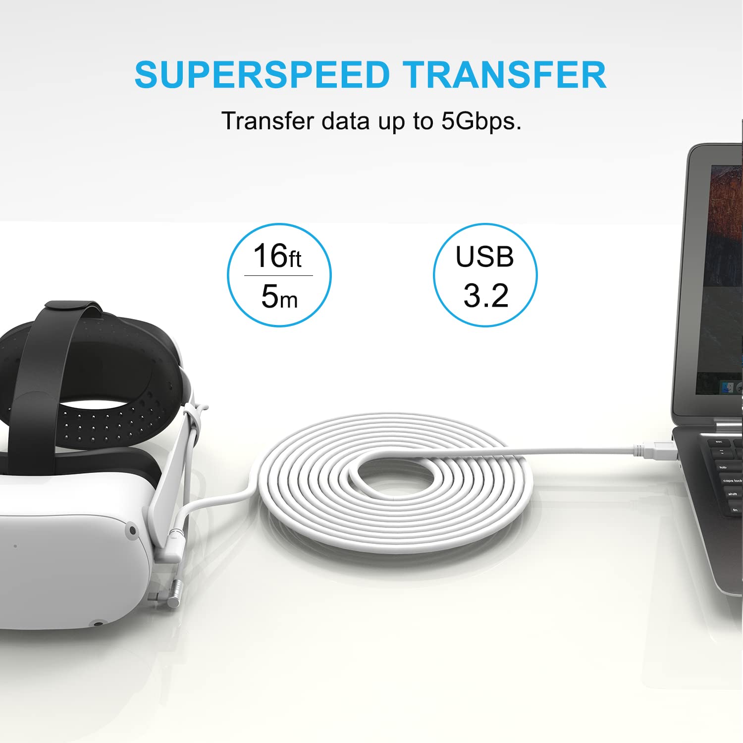 BUSQUEDA USB 3.2 Link Cable 16 FT for Meta Quest 3 and PC/Steam VR|Data Transfer& Fast Charging Oculus Quest 2 Cable (Black)