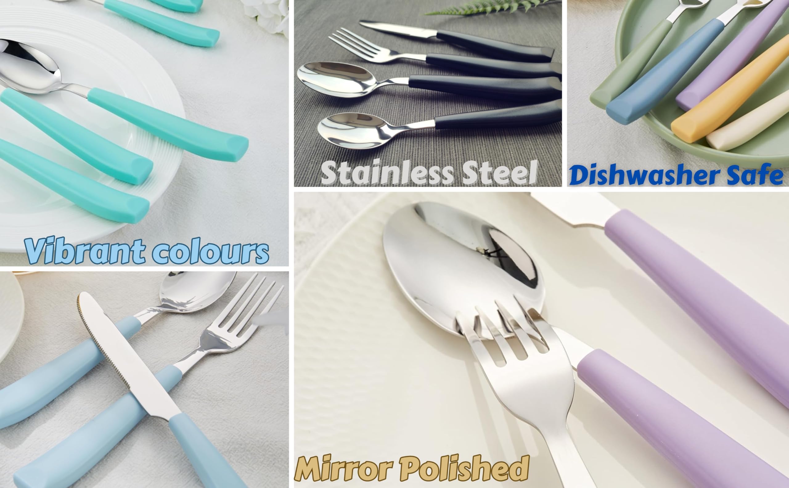 EXZACT Cutlery Set Coloured 16PCS - Stainless Steel with Plastic Wide Handles β Comfortable to Hold - 4 x Forks, 4 x Dinner Knives, 4 x Dinner Spoons, 4 x Teaspoons β Service for 4