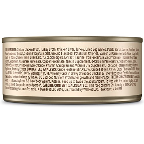 Wellness CORE Hearty Cuts Natural Grain Free Wet Canned Cat Food, Whitefish & Salmon, 5.5-Ounce Can (Pack of 24)
