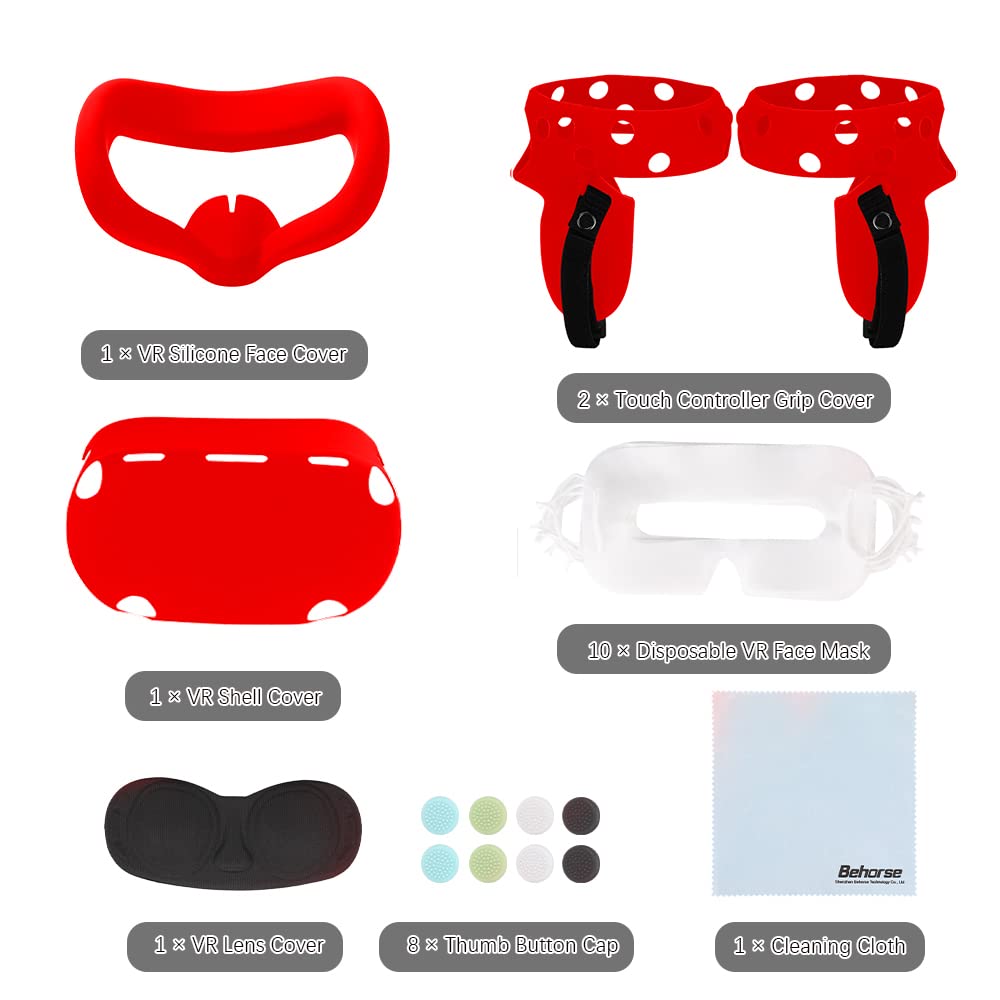 BestMal Touch Controller Grip Cover for Oculus Quest 2 with VR Silicone Face Cover, VR Shell Cover, Quest 2 Lens Cover, Thumb Button Cap, VR Disposable Mask and Cleaning Cloth (Red)