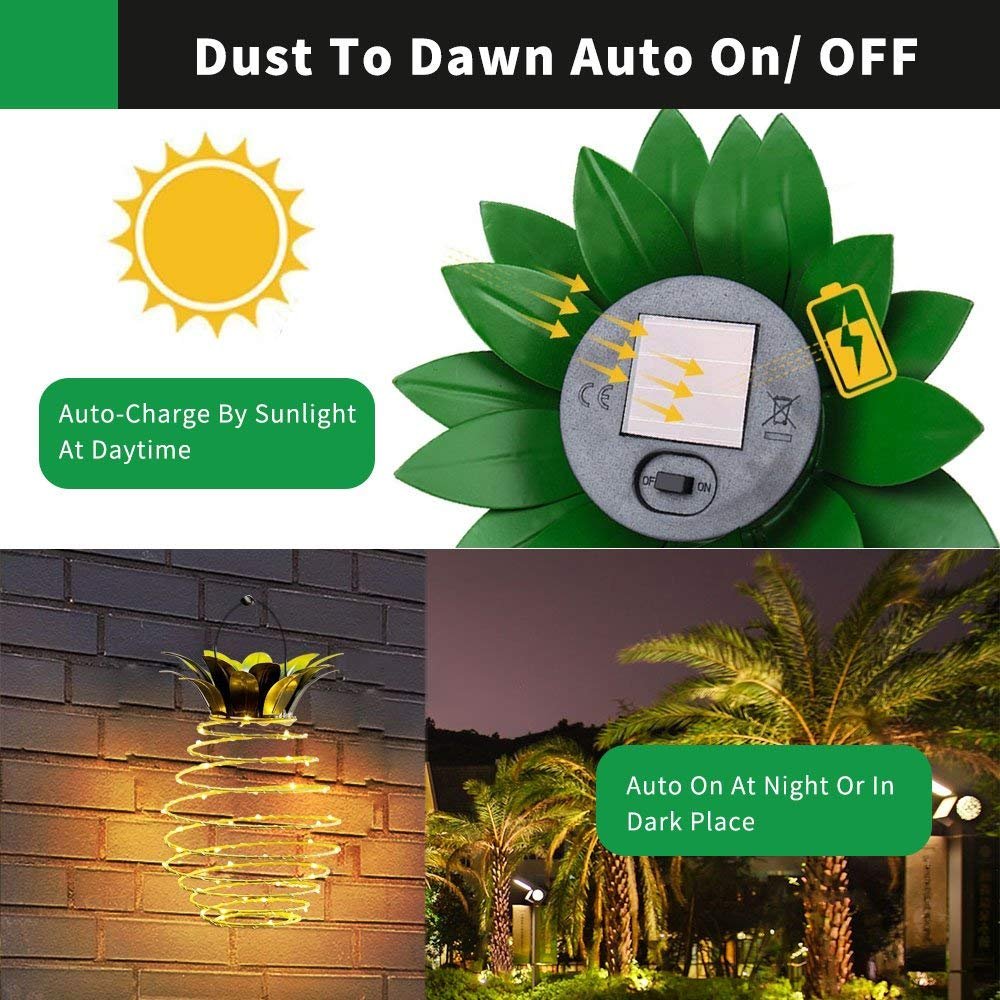 MUEQU 2Pcs Garden Solar Lights, Waterproof LED Solar Hanging Lantern Pineapple Fairy String Light,Solar Patio Lights Night Light for Yard Outdoor Home Decoration Light (Warm White)