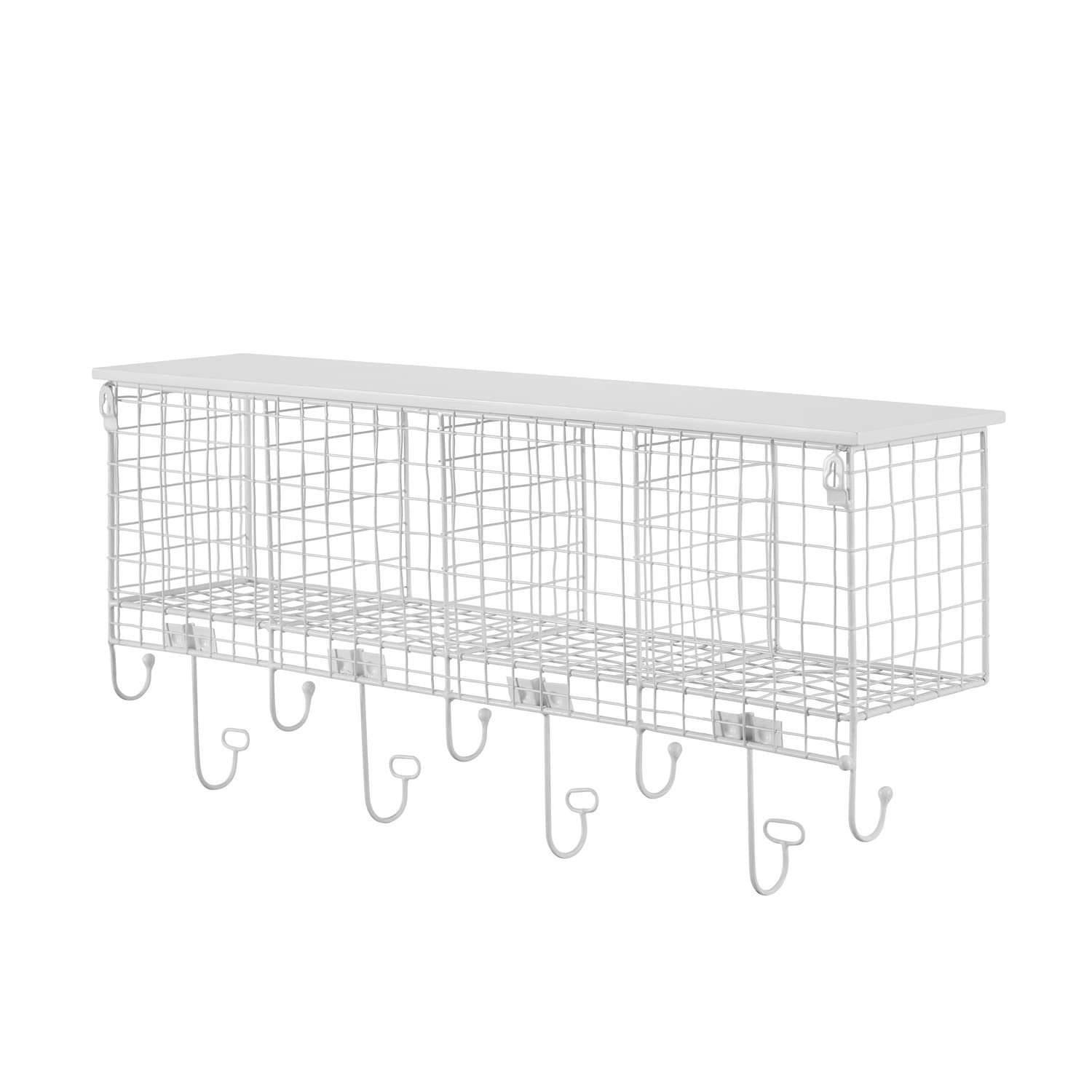 Linon Four Cubby Metal Wall Shelf with Top Shelf and 9 Hooks in White