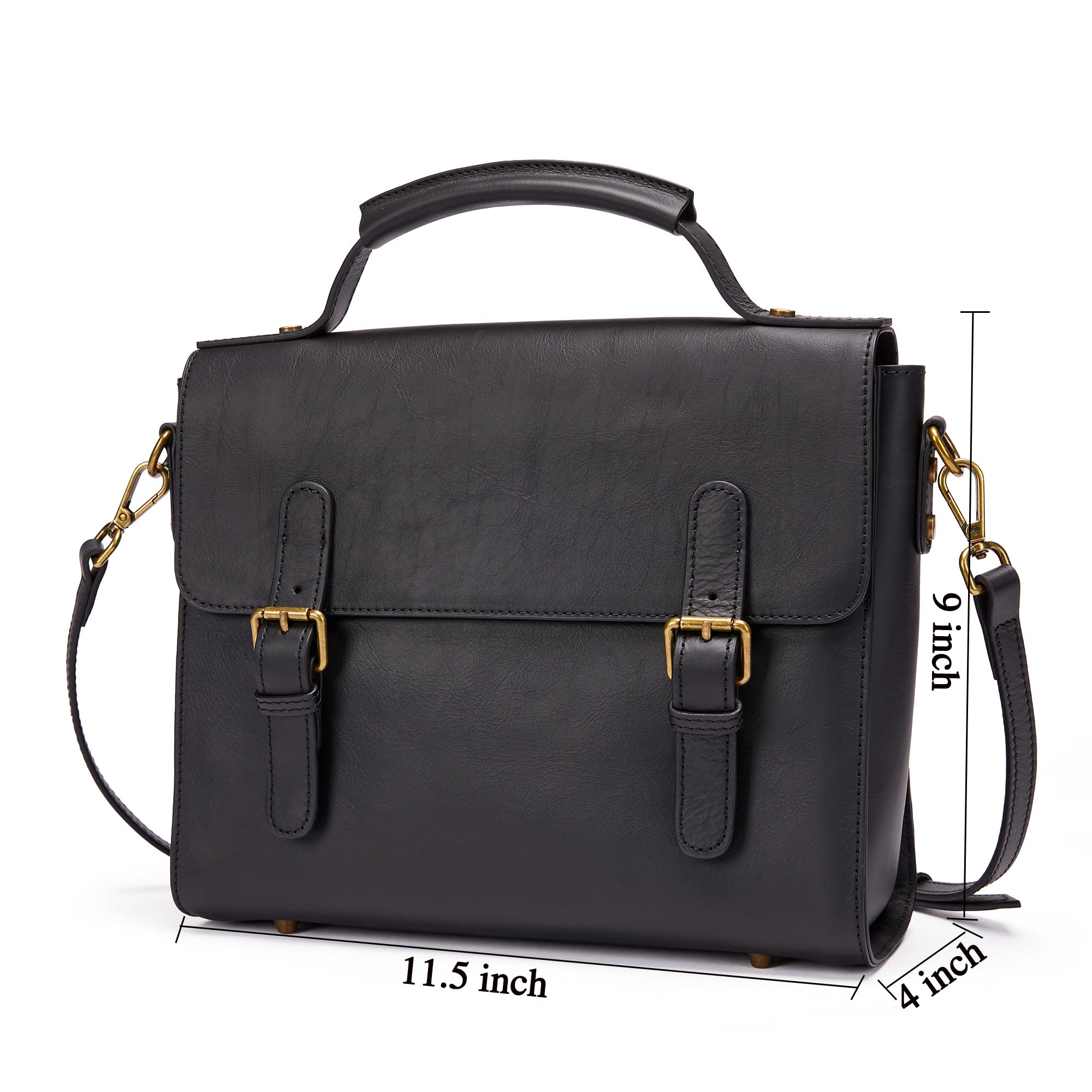 Vintage Leather Messenger Bag For Women Top Handle Shoulder Handbags Fit A4 Paper (Black)