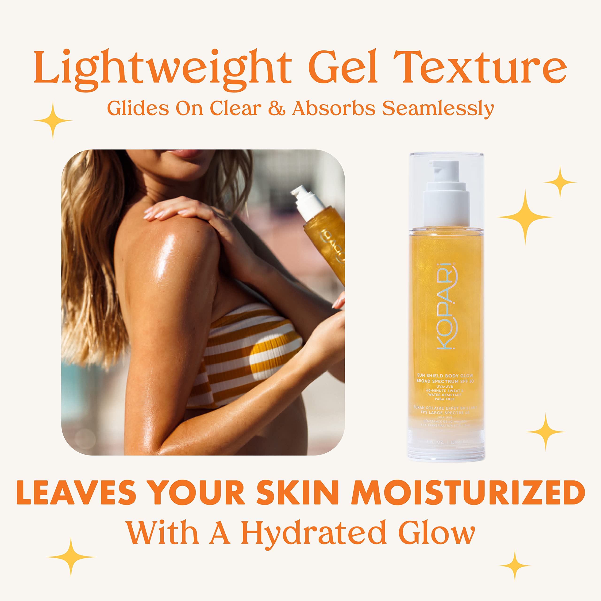 Kopari Sun Shield Body Glow, Broad Spectrum SPF 50, Lightweight Shimmering Gel Texture Absorbs Quickly, Non Sticky, Glowing Results, Gold 5 oz