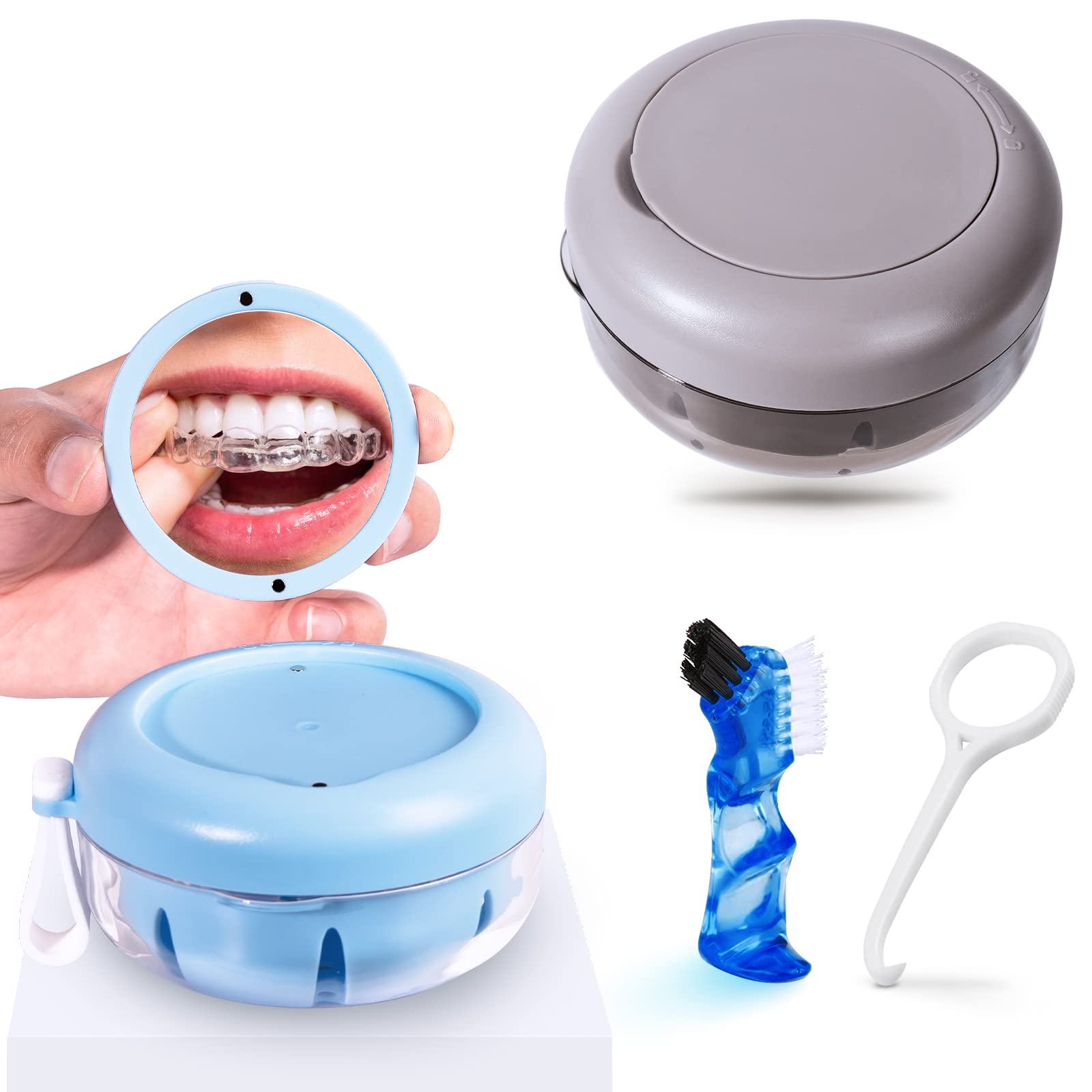 Denture Case kit -2 Pack - Definitely No-Leak Denture Bath Box for Traveling Perfectly, Denture Cup with Strainer & Mirror(Grey & Blue)