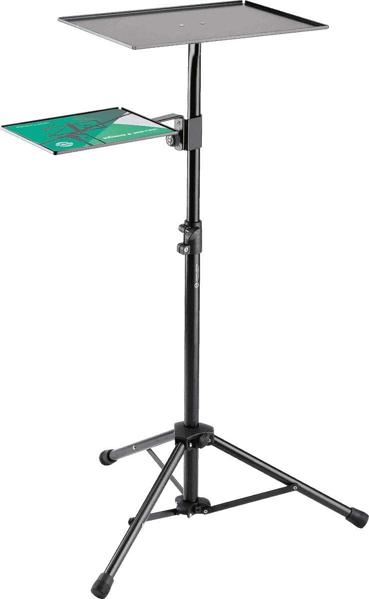 K&M Konig & Meyer 12150.000.55 Laptop Projector Stand |Tripod w/Cross Brace Legs | Clamp-On Mouse/Phone Tray | Height Adjustable | Ergonomic | Folds Compact | Portable | German Made | Black