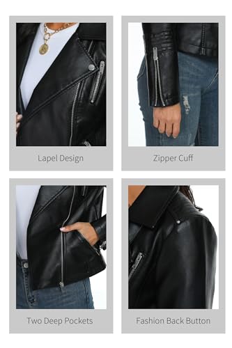 Fahsyee Women's Leather Jackets, Faux Motorcycle Plus Size Moto Biker Coat Short Lightweight Vegan Pleather Fashion, Black, M