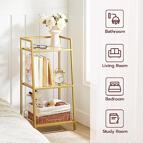 HOOBRO Gold Bookshelf, 3-Tier TemperedĀ Glass Bookcase, Bathroom Storage Stand, Record Storage Rack with Side Guards, Strong and Durable, for Bathroom, Bedroom, Living Room Modern Style, Gold GD77CJ01