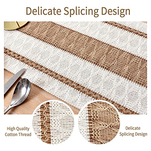 Home Macrame Table Runner Farmhouse Style - Burlap Cotton Rustic Cream Beige Boho Splicing Table Runner with Tassels for Wedding Bridal Shower Party Kitchen Dining Table Decor 12 x 72 Inch