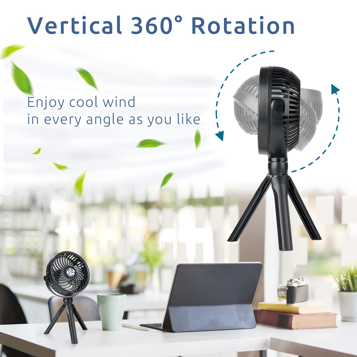 Rechargeable Small Desk Fan, Battery Powered Table Fan with Flexible Tripod, Handheld Personal mini Fan, 3 Speeds 360° Rotation 5 Inch Portable USB Fan Quiet For Bedroom Office Desktop Travel(Black)