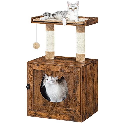 HOOBRO Litter Box Enclosure with Cat Tree Tower, Litter Box Furniture Hidden with Cute Entrance, Private Washroom with Sisal Scratching Posts, Cat Head Door and Large Platform, Rustic Brown BF11MW03