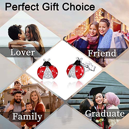 Ladybug Studs Earrings, 925 Sterling Silver with Cubic Zirconia, Hypoallergenic for Sentitive Ears, Miraculous Ladybug Jewelry Mother Day Gift for Women Girlfriend Daughter with Gift Box