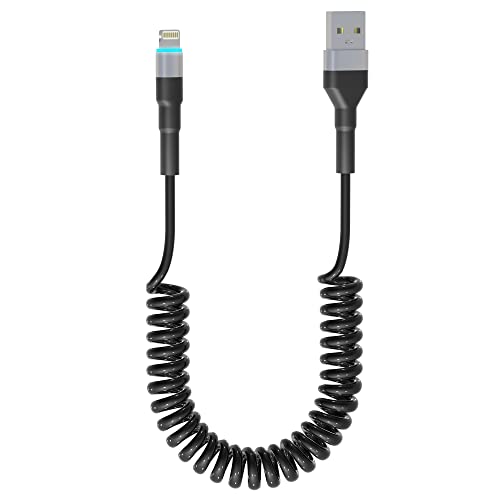 Coiled Lightning Cable Apple Carplay Compatible [Apple MFi Certified] Short USB to Lightning Apple Carplay Cable with Data Sync and LED, Retractable iPhone Charger Cord for iPhone/Pad/Pod