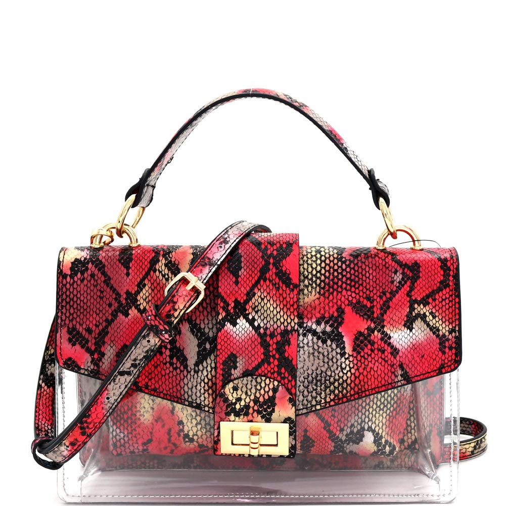 Multicolor Snake Print Pouch Clear Chain 2 Way Shoulder Bag Crossbody Stadium (1Medium Top-Handle Clear Satchel - Red Multi)