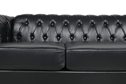 DEINPPA Chesterfield Faux Leather Fabric Sofa with Rolled Arm and Nailhead 84" Modern Design Three Seater Sectional Couch for Home Furniture (Faux Leather, Black)