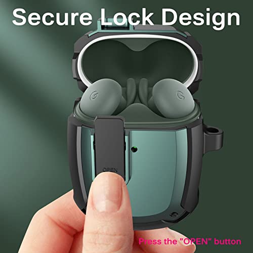 Miimall Compatible for Google Pixel Buds A-Series Case, [Secure Lock][Anti-Lost Keychain][Front LED Visible] Military Full-Body Rugged Case Cover for Pixel Buds A Case Cover 2021 (Black+Green)