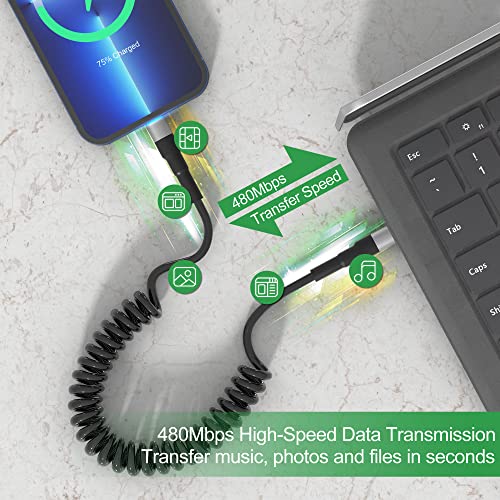 Coiled USB C to Lightning Cable, Apple Carplay Cable [Apple MFi Certified] Retractable iPhone Charger Cord with Data Sync and Blue LED, Coiled Lightning Cable Carplay Compatible with iPhone Pad Pod