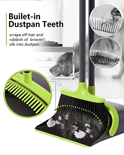 Broom and Dustpan,Indoor Broom and Dust Pans with Long Handle Up to 54 Inches,Broom and Dustpan Set for Home,Standing Upright Broom with Dustpan Combo Set for Kitchen Room Office Lobby Floor(Green)