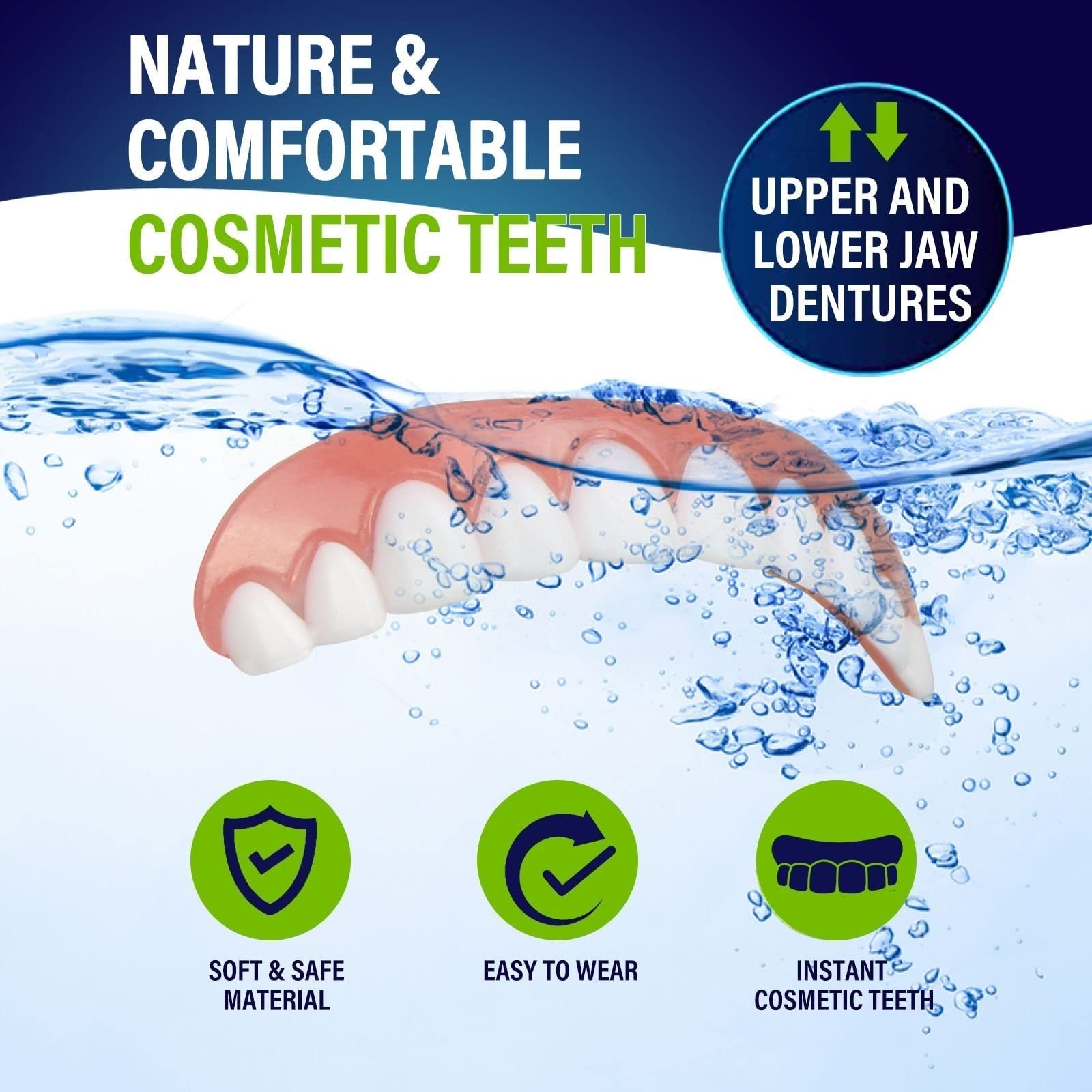 BEGUT Fake Teeth, Cosmetic Denture Veneers for Upper and Lower Jaw, Natural Shade Fake Veneer for Temporary Fix Confident Smile - White