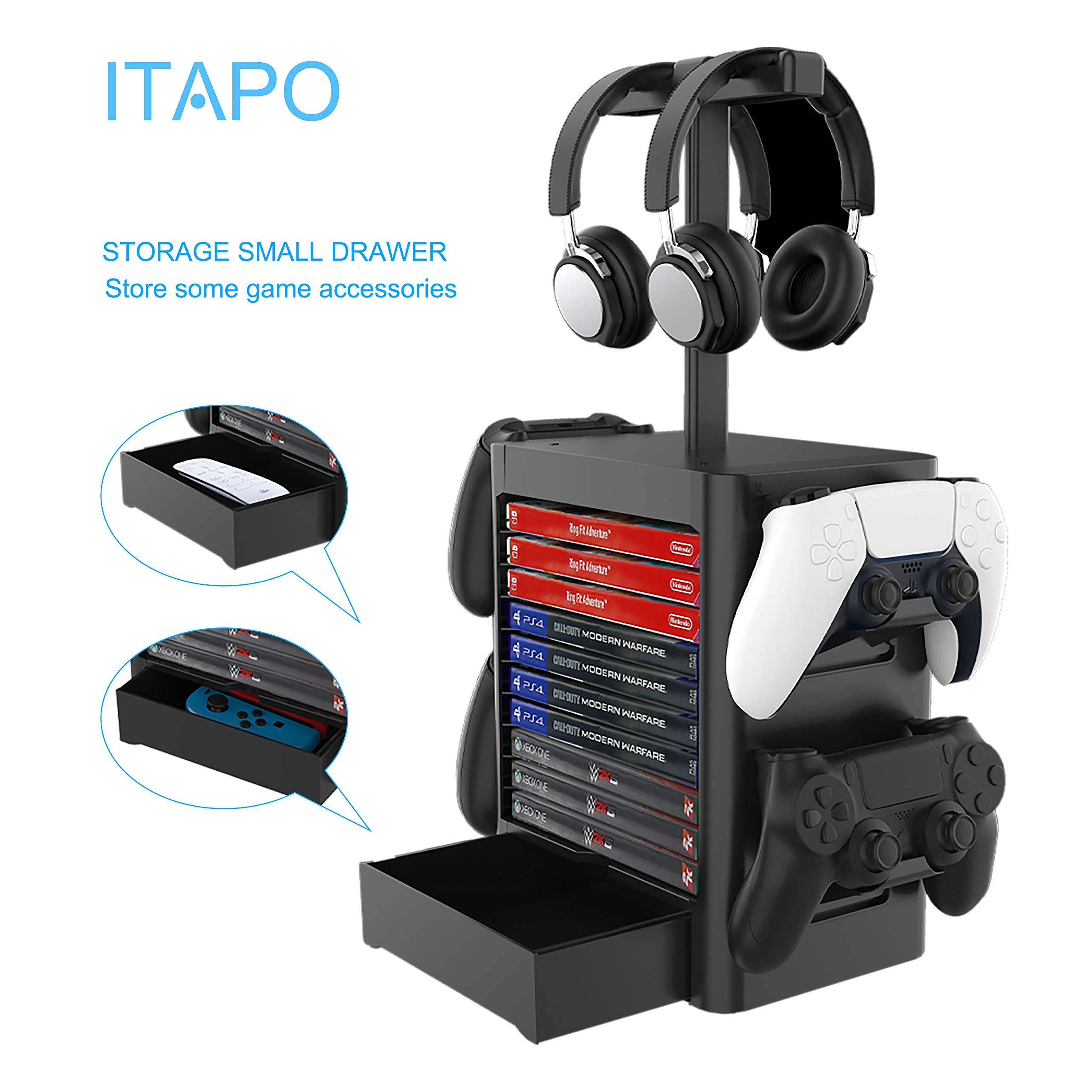 Multifunctional 10 Games Disk Storage Rack for PS5 Controller/Headset Stand Holder for Xbox Series X/Nintendo Switch/Play Station Game Accessories Organizer Black