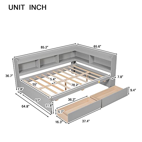 DEINPPA Full Size Platform Bed with L-Shaped Bookcase and 2 Drawers, Wooden Captain Bed Frame with Bookcase Headboard for Kids Teens Adult Boys Girls, No Box Spring Needed, Grey