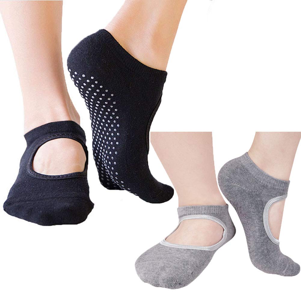 Boyizupha 2 Pairs Non Slip Yoga Socks For Women,Pilates,Barre,Ballet,Bikram,Grip Sox(Black Gray)