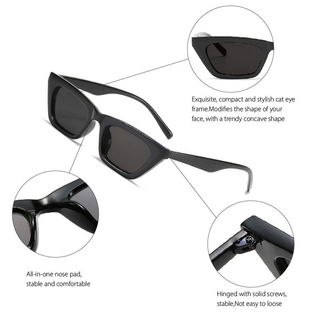 BOJOD Small Square Cat Eye sunglasses for women trendy retro skinny cool 90s sunglasses Black