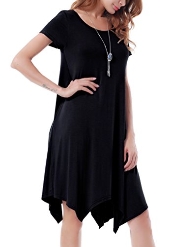 Invug Women Casual Loose Soft Crewneck Short Sleeve Pockets Swing T-Shirt Zigzag Hem Dress Black L